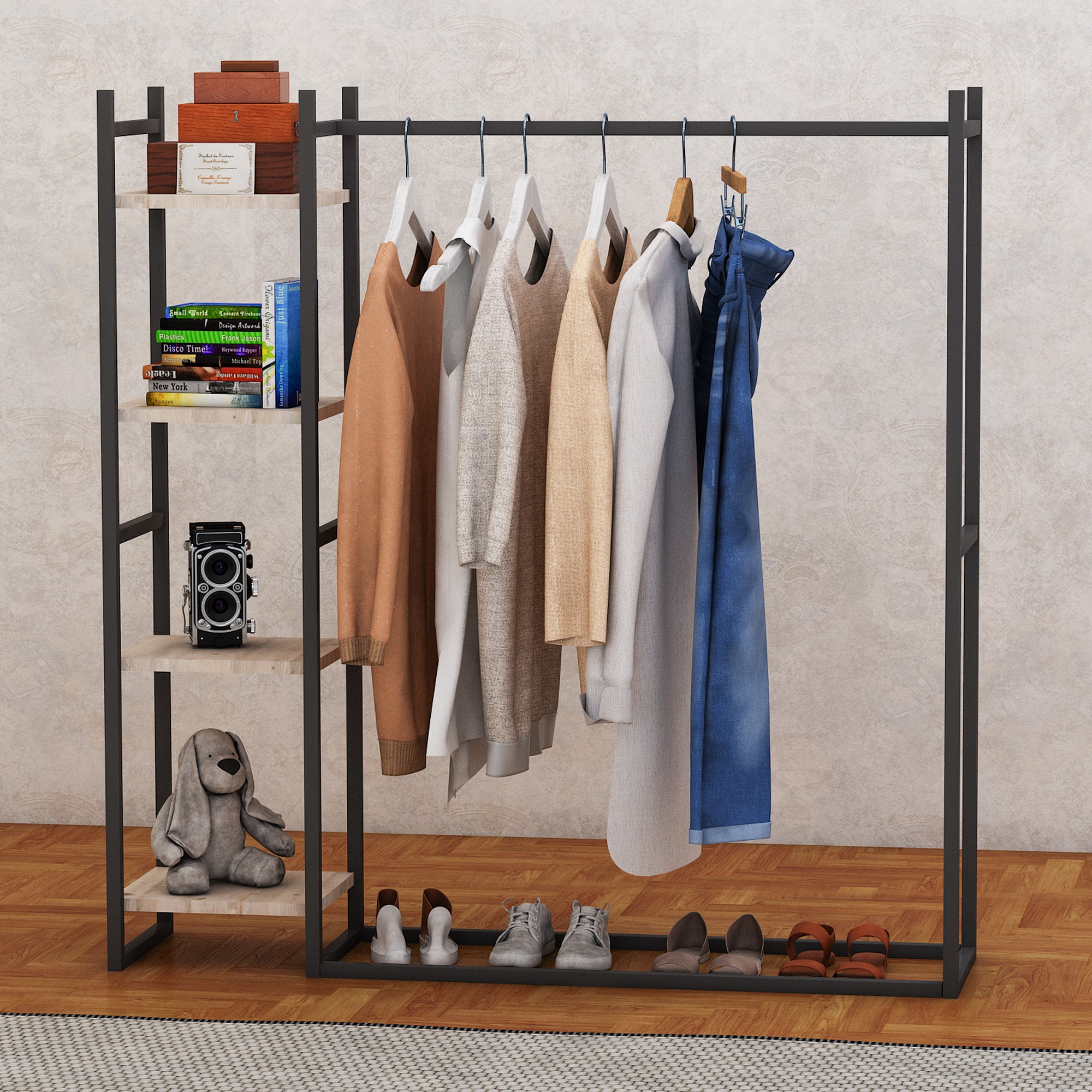 Ayaklı Askı Çok Amaçlı Açık Dolap Metal Gardrop - Model 4 Soho - Garaj Home